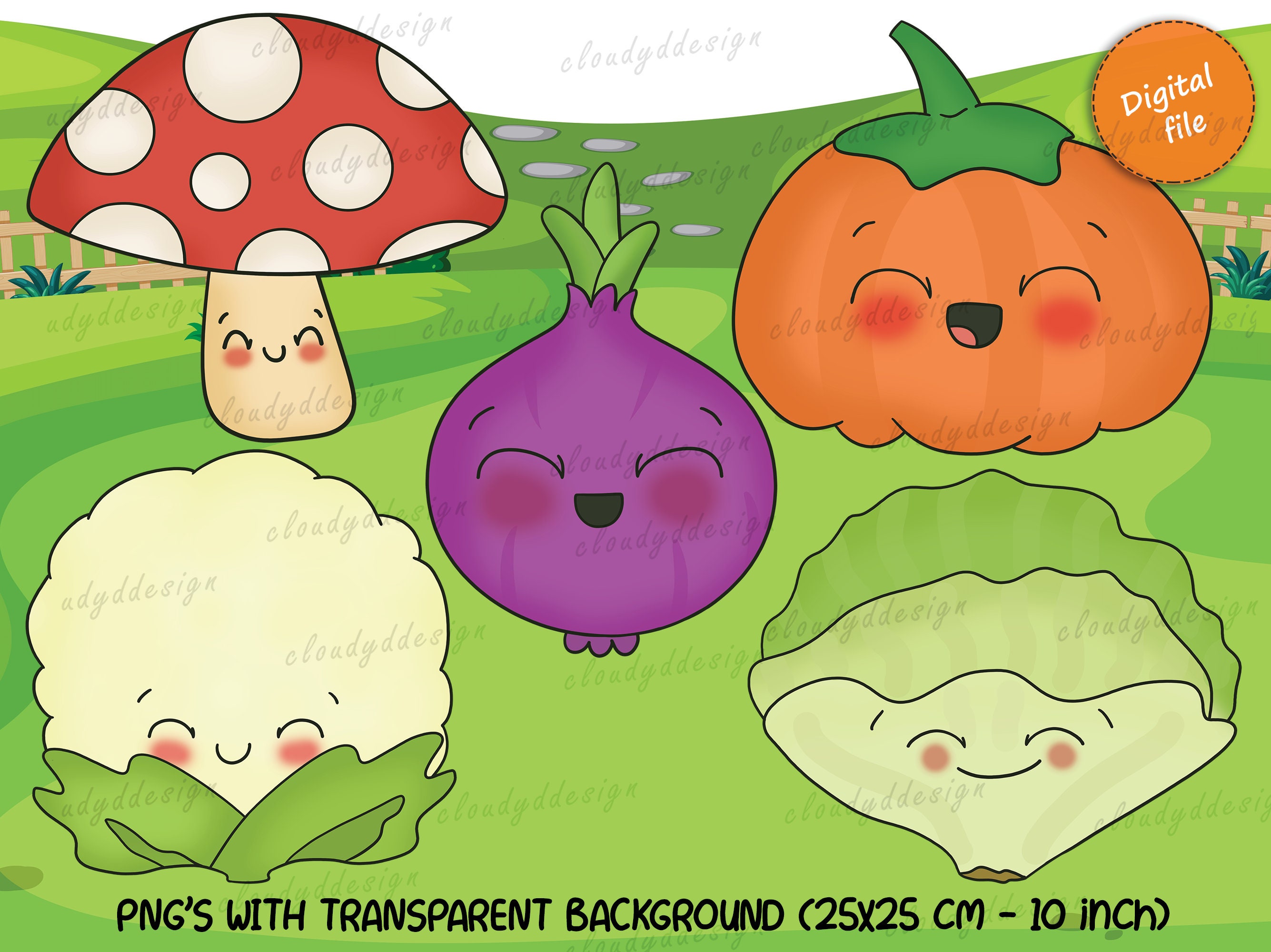 Cute Vegetables Clipart Set ,PNG , COMMERCIAL USE Hand Drawn Digital ...