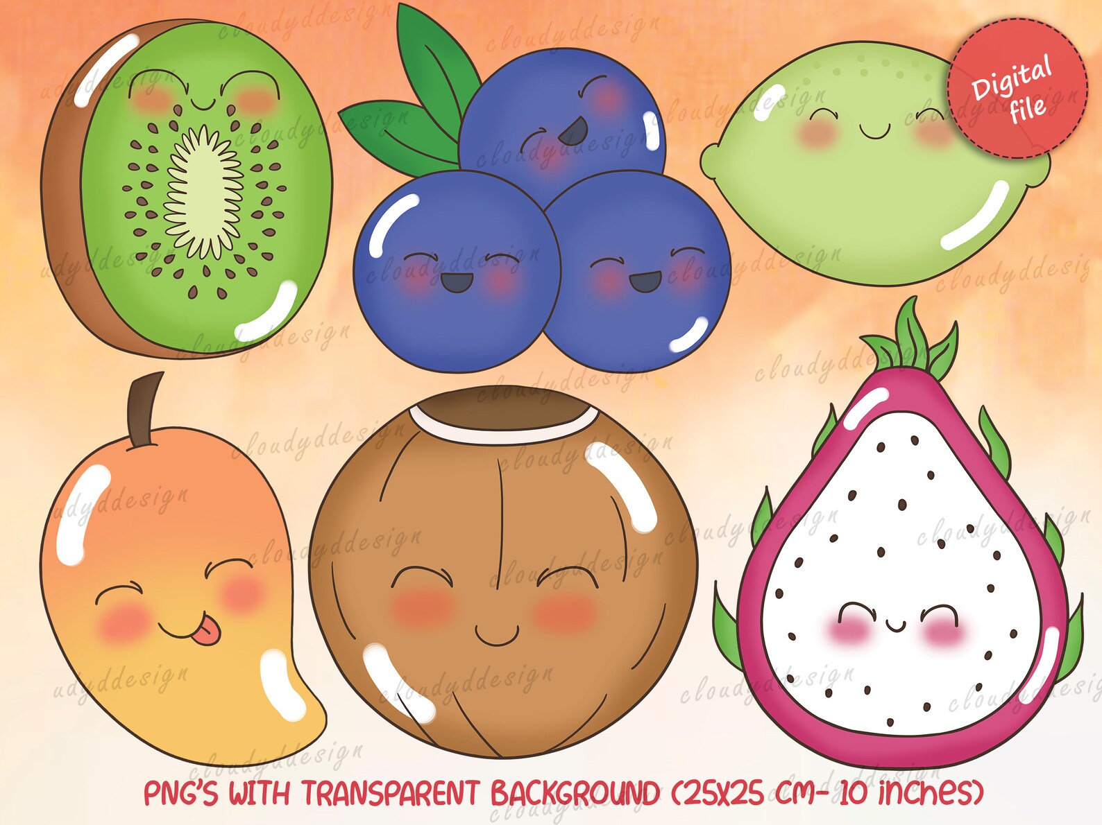 Cute Fruits Clipart Set ,PNG , COMMERCIAL USE Hand Drawn Digital ...