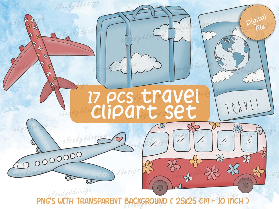 Travel Clipart Set ,PNG , COMMERCIAL USE, Hand Drawn Digital Clipart ...
