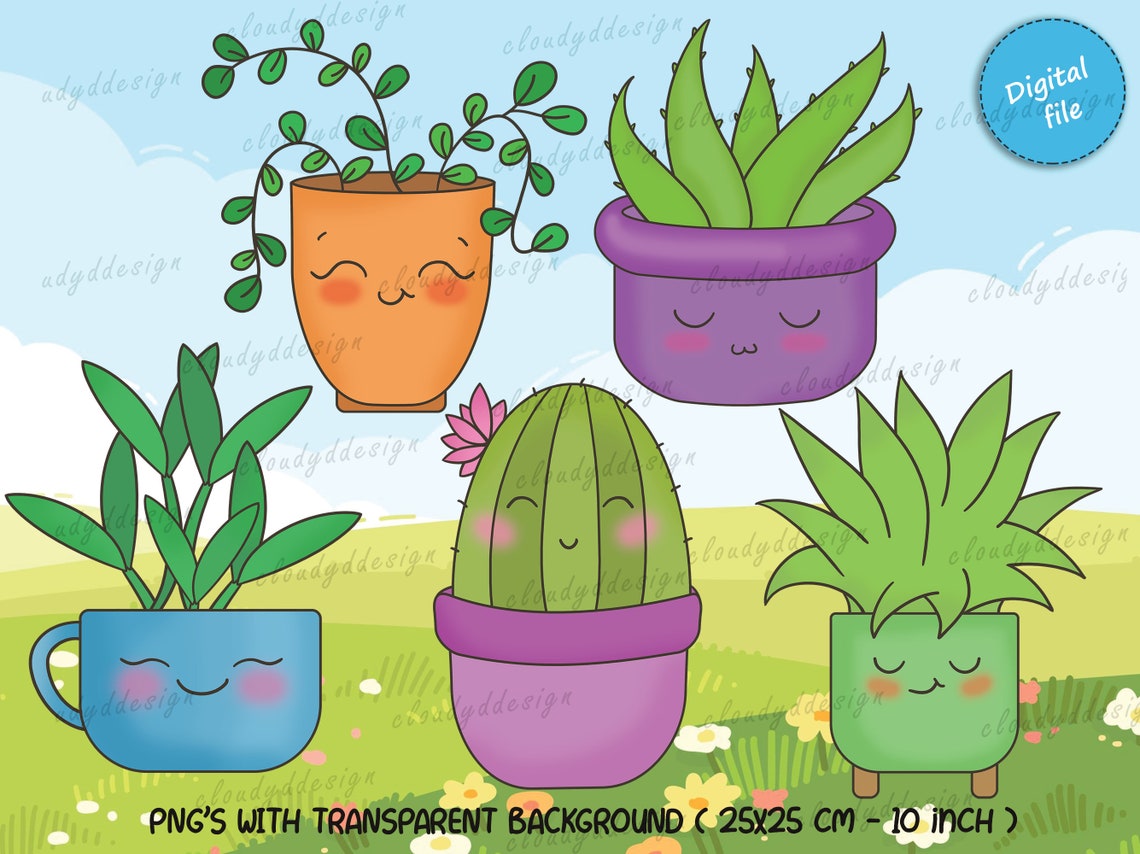 Pot Plants Clipart ,COMMERCIAL USE , PNG Plants Clipart , Kawaii Plants ...