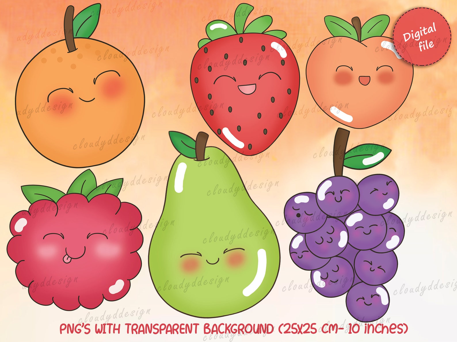 Cute Fruits Clipart Set ,PNG , COMMERCIAL USE Hand Drawn Digital ...
