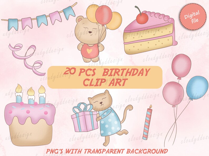 20 Pcs Birthday Clipart ,COMMERCIAL USE , PNG Party Clip Art, Hand ...