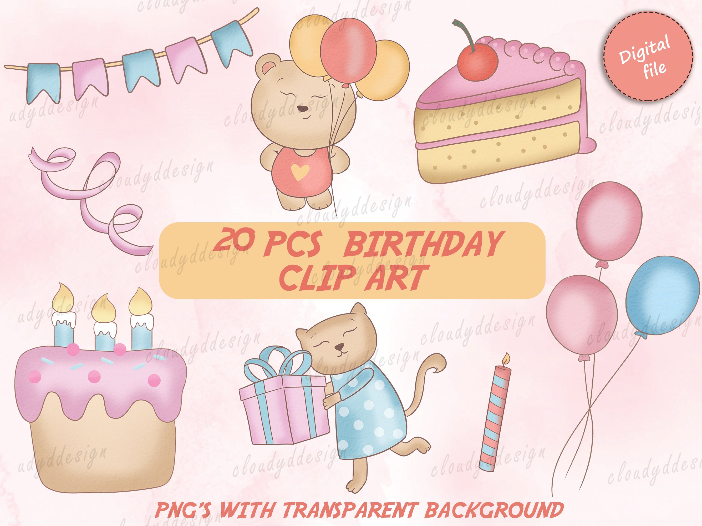 20 Pcs Birthday Clipart ,COMMERCIAL USE , PNG Party Clip Art, Hand ...