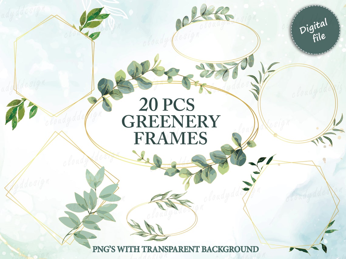 20 Pcs Greenery Gold Clip Art, Digital Download, Leafy Frame Png ,leave ...