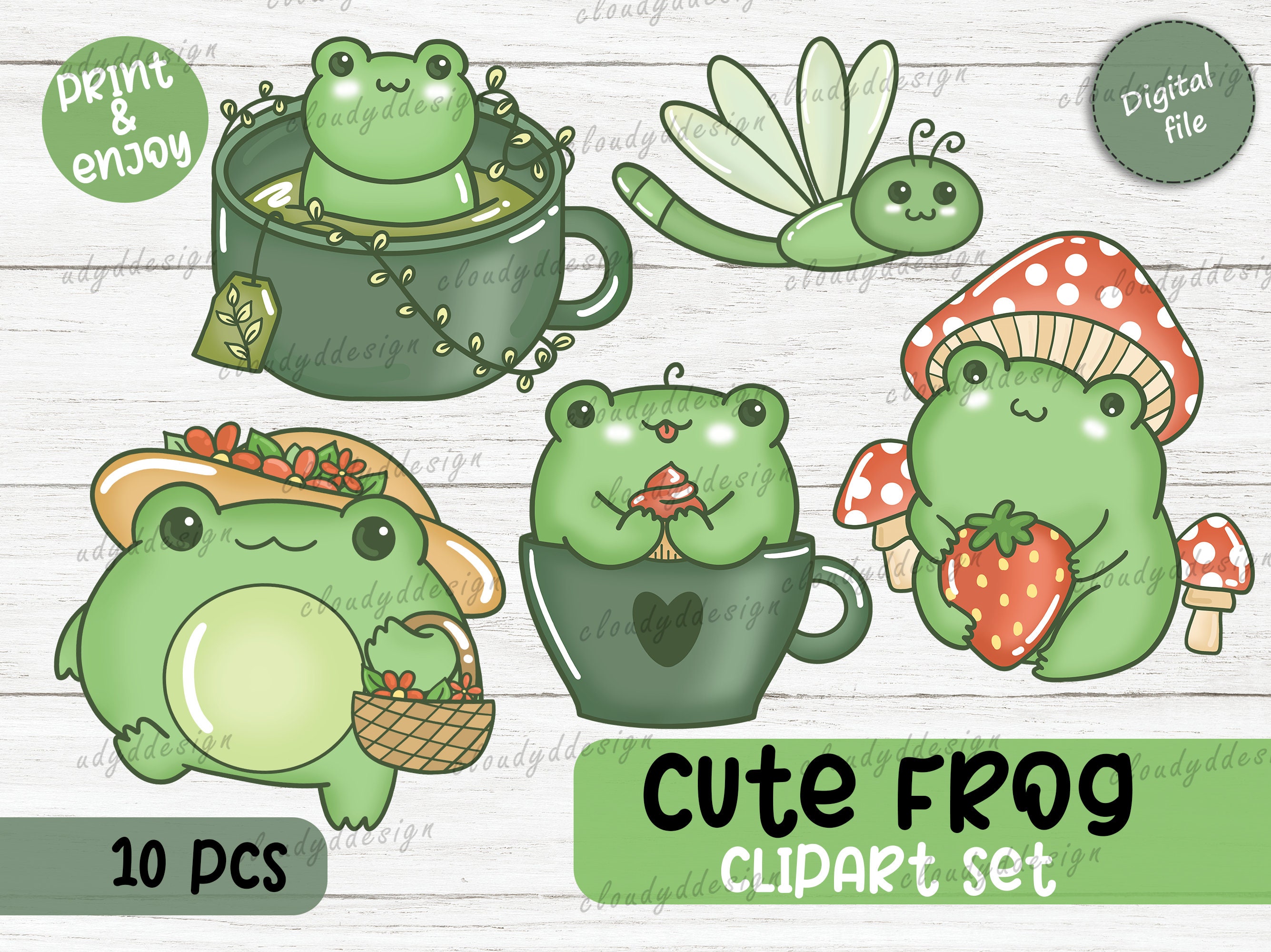 Cute Frog Clipart Set, PNG , DTF ,kawaii Frog Clipart ,frog Graphics ...