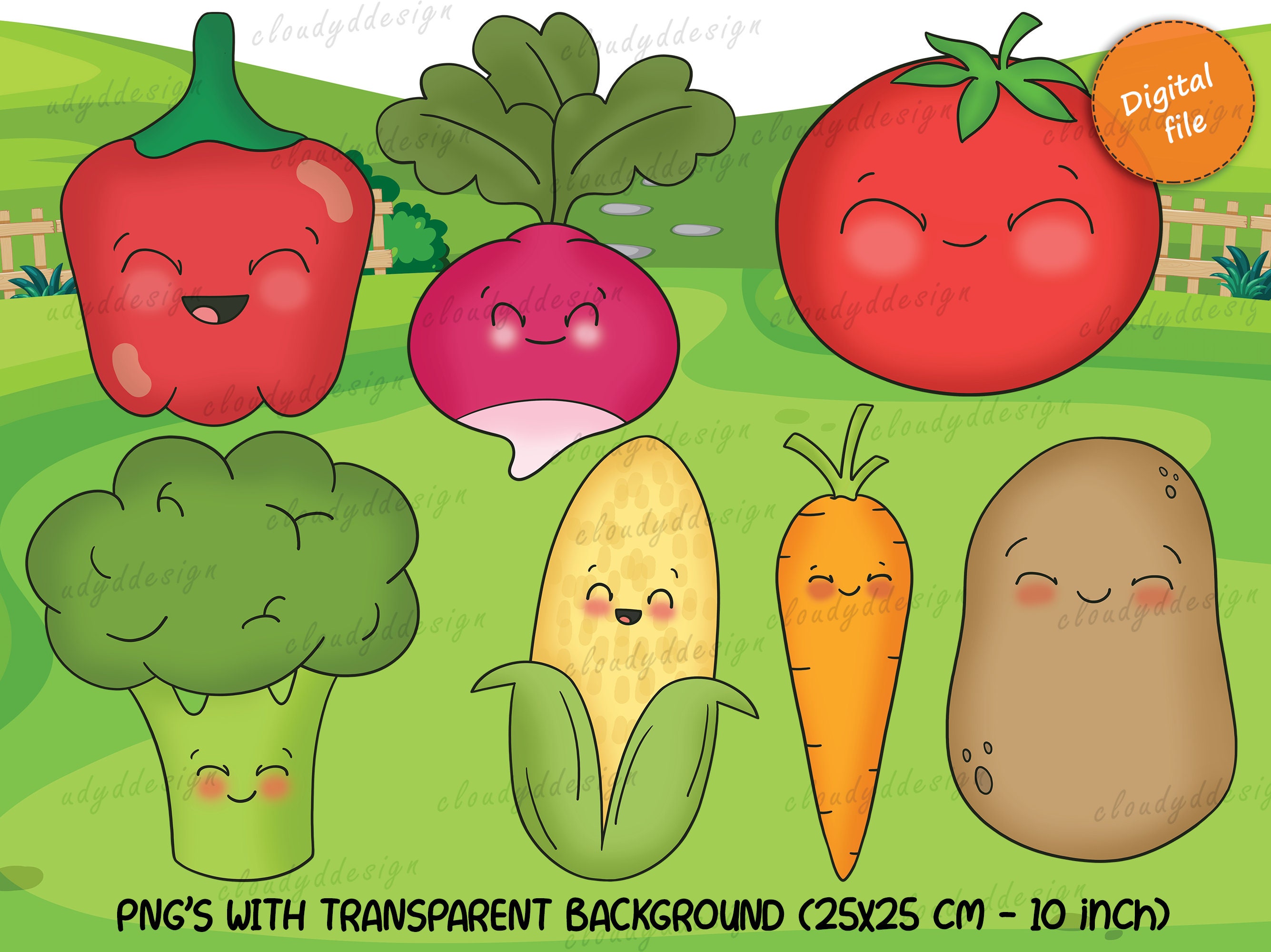Cute Vegetables Clipart Set ,PNG , COMMERCIAL USE Hand Drawn Digital ...