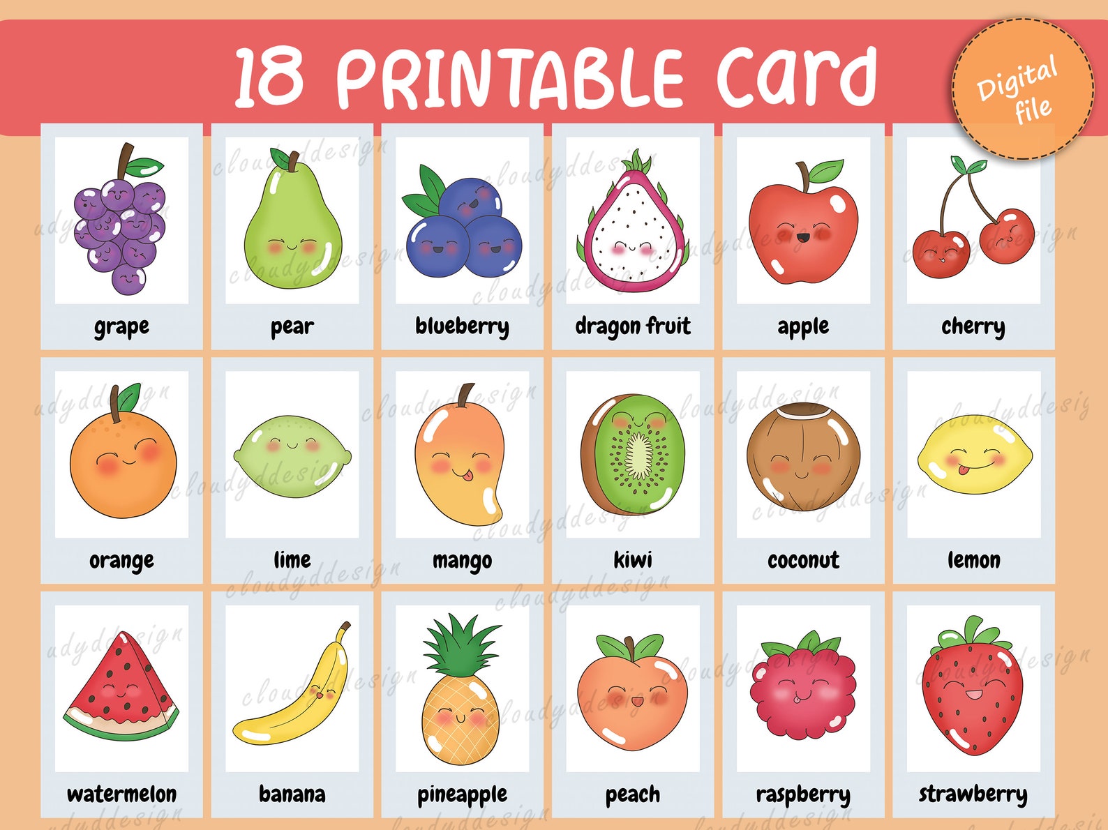 18 Printable FRUITS Flash Cards for Kids, Educational Toy for Toddlers ...