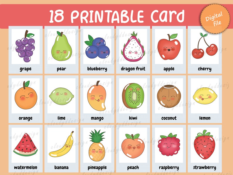 18 Printable FRUITS Flash Cards for Kids, Educational Toy for Toddlers ...