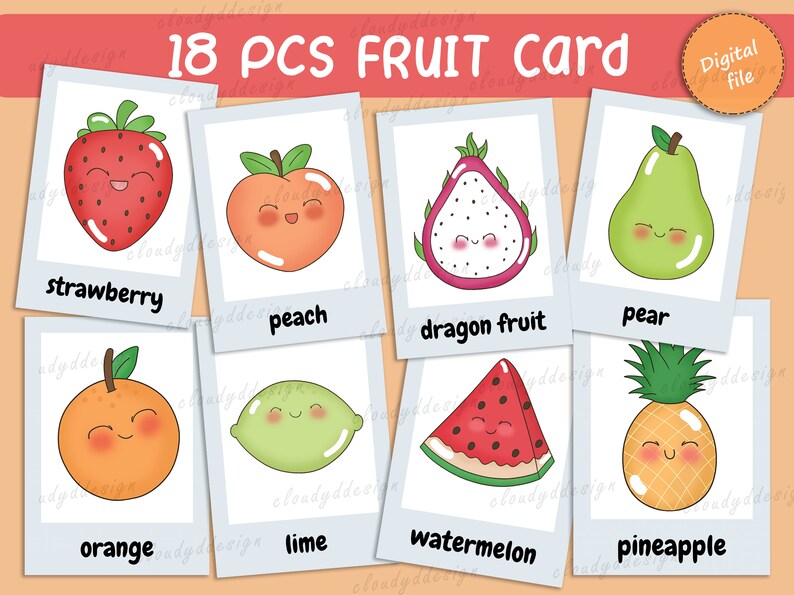 18 Printable FRUITS Flash Cards for Kids, Educational Toy for Toddlers ...