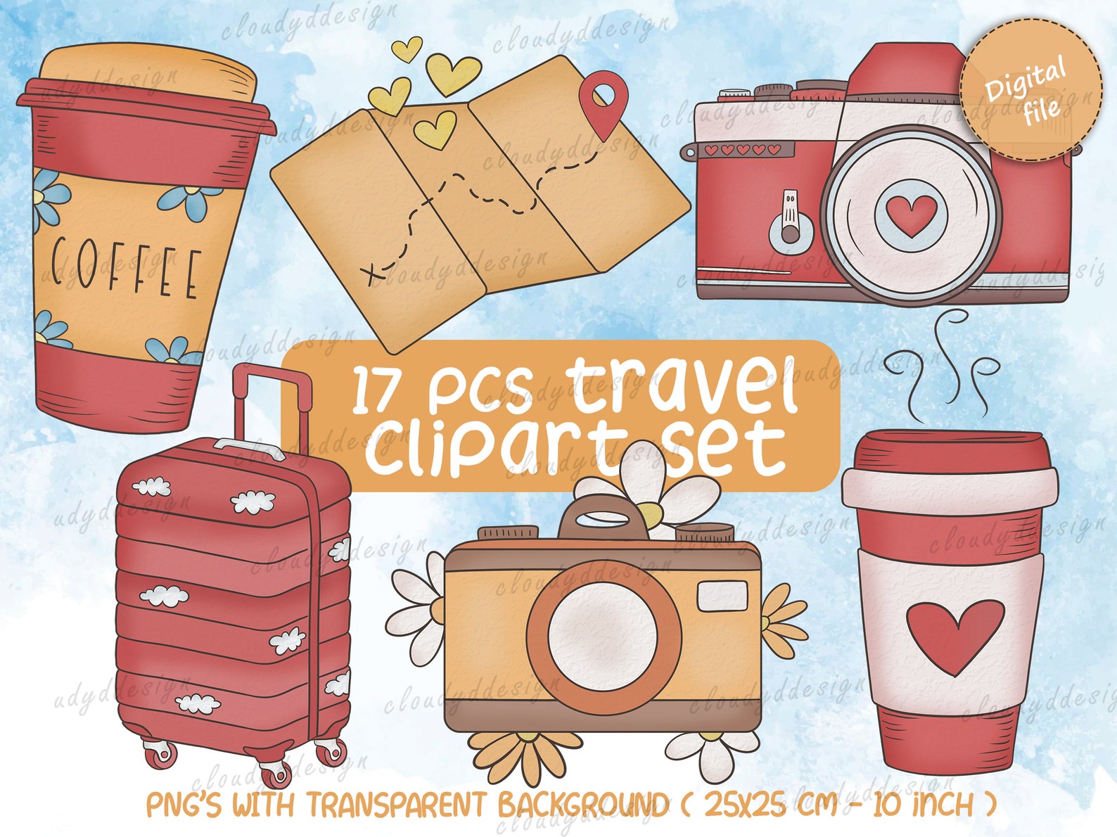 Travel Clipart Set ,PNG , COMMERCIAL USE, Hand Drawn Digital Clipart ...