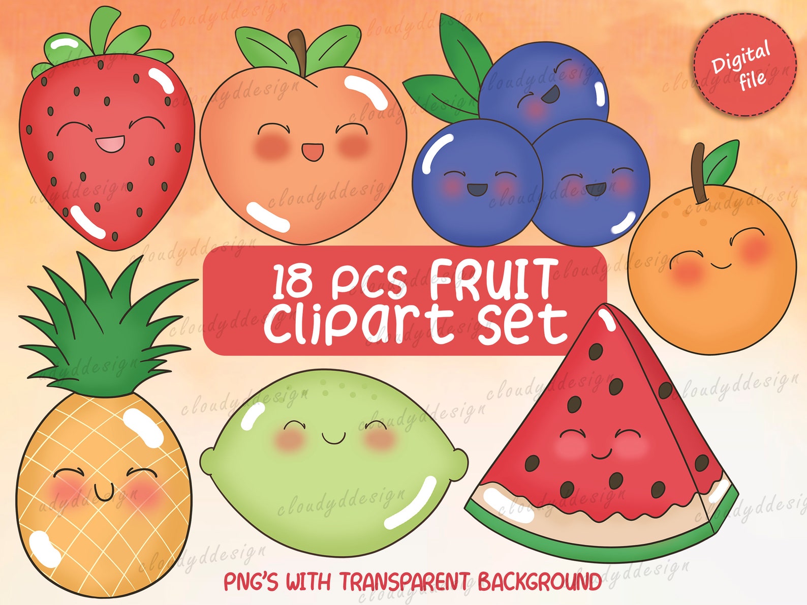 Cute Fruits Clipart Set ,PNG , COMMERCIAL USE Hand Drawn Digital ...