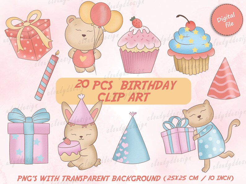 20 Pcs Birthday Clipart ,COMMERCIAL USE , PNG Party Clip Art, Hand ...