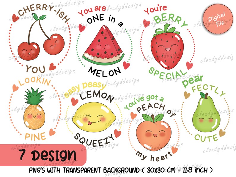 Cute Fruits Clipart Set ,PNG ,kids Shirt Design, Sublimation, Kawai ...
