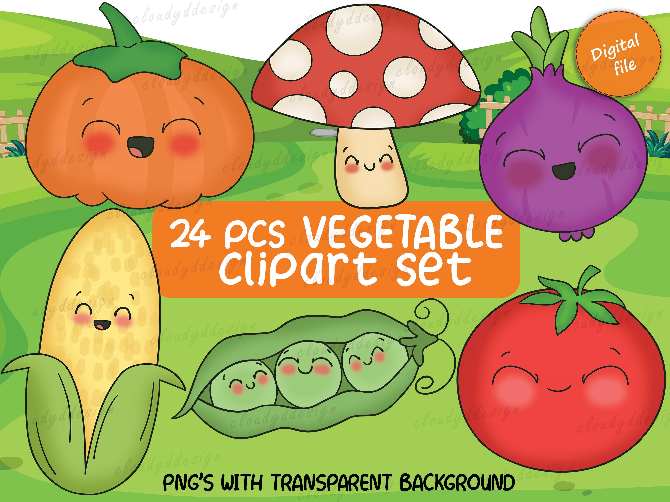 Cute Vegetables Clipart Set ,PNG , COMMERCIAL USE Hand Drawn Digital ...