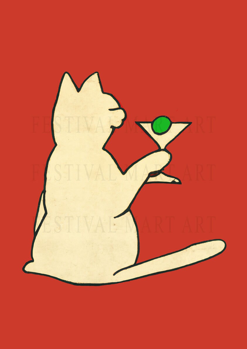 Red Cat With Martini, Digital Download, Red Risograph Art, Cat ...