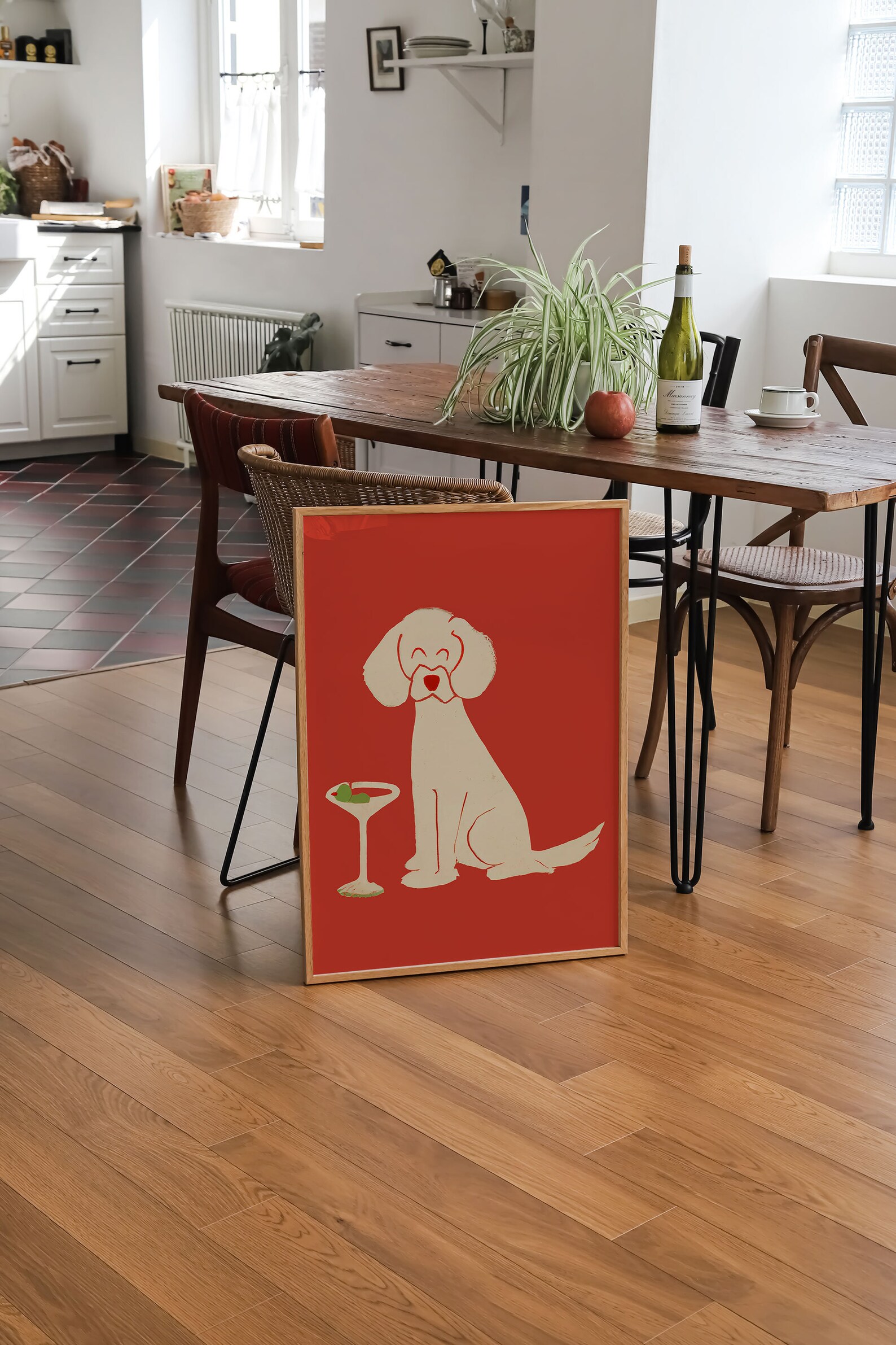 Red Dog With Martini, Digital Download, Red Risograph Art, Dog ...