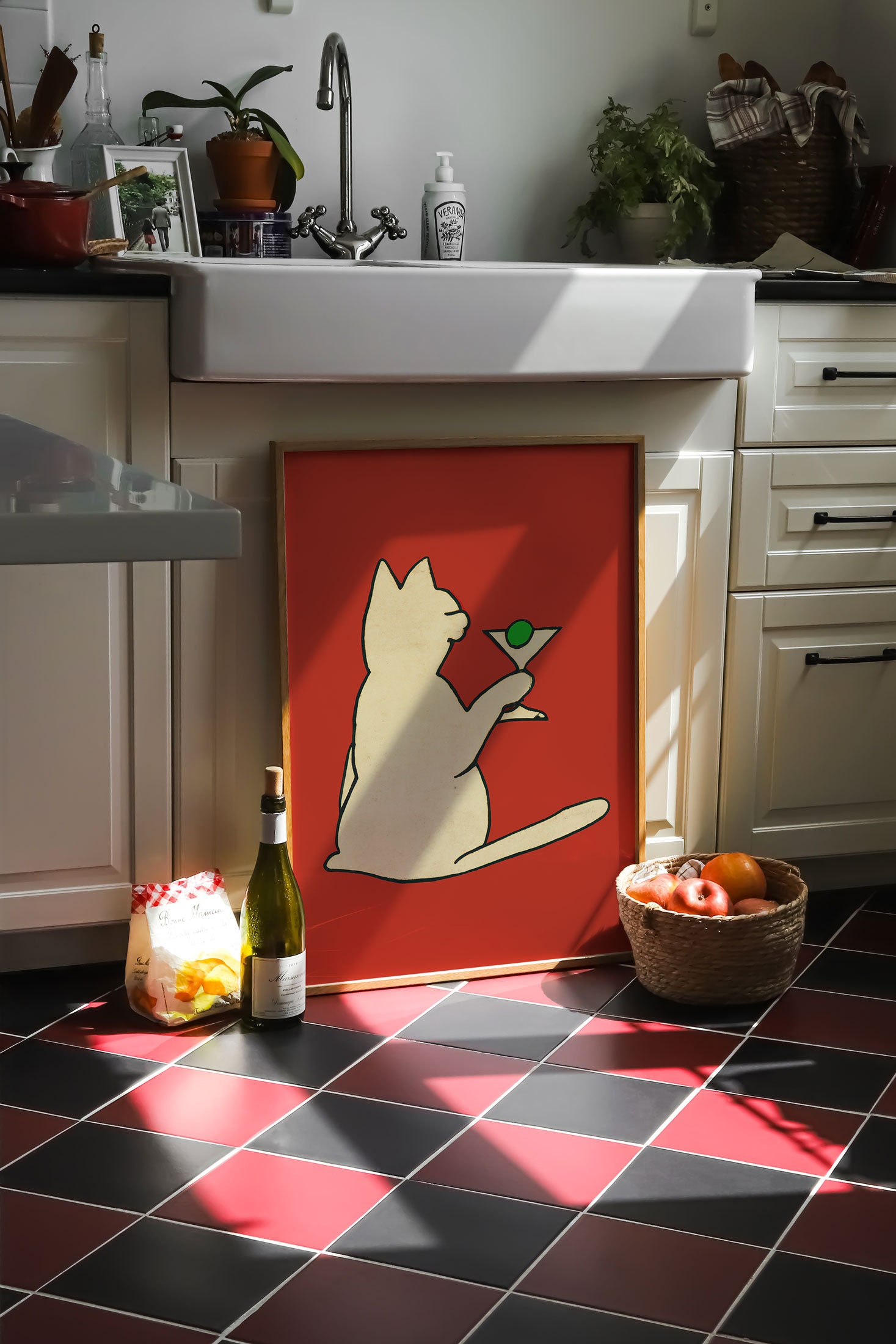 Red Cat With Martini, Digital Download, Red Risograph Art, Cat ...