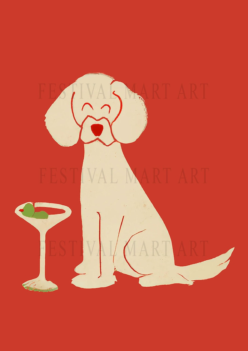 Red Dog With Martini, Digital Download, Red Risograph Art, Dog & Martini Wall Print, Bar Artwork ...