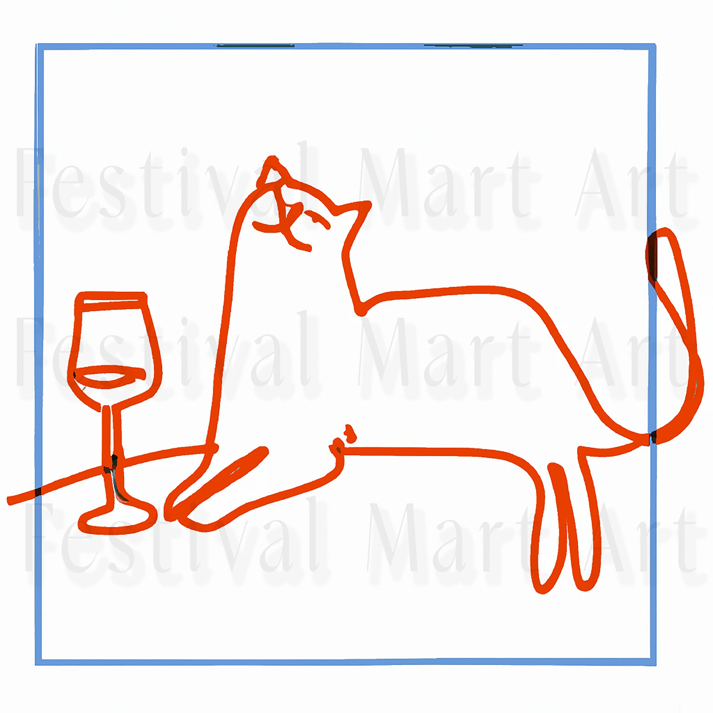 Orange Cat With Wine, One-line Drawing, Minimal Style, Cat Art, Square ...