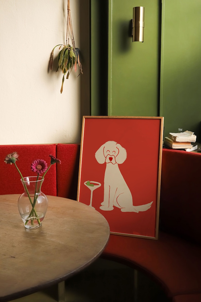 Red Dog With Martini, Digital Download, Red Risograph Art, Dog & Martini Wall Print, Bar Artwork ...