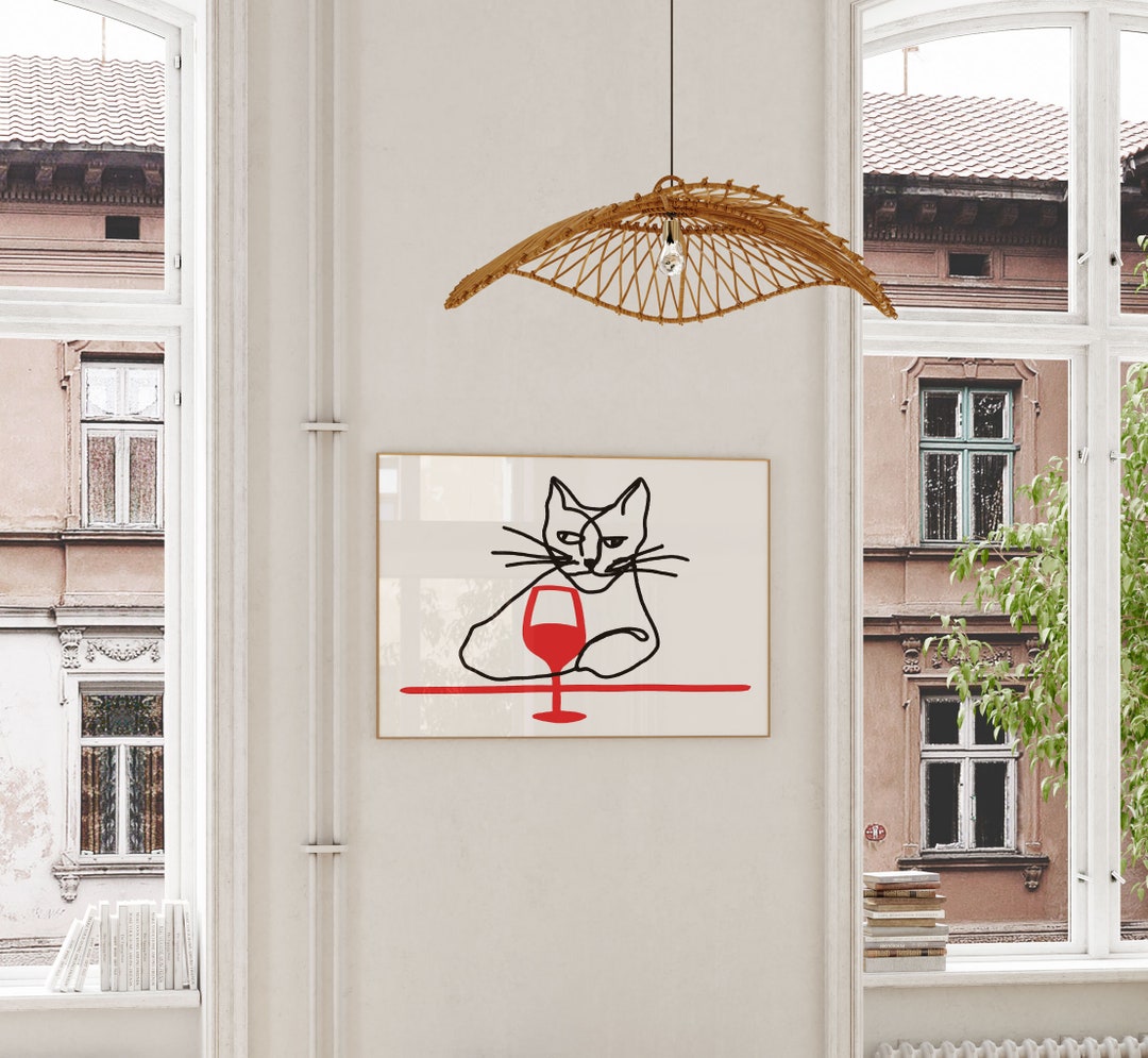 One-line Drawing Black Cat & Red Wine One-line Horizontal Art Print ...