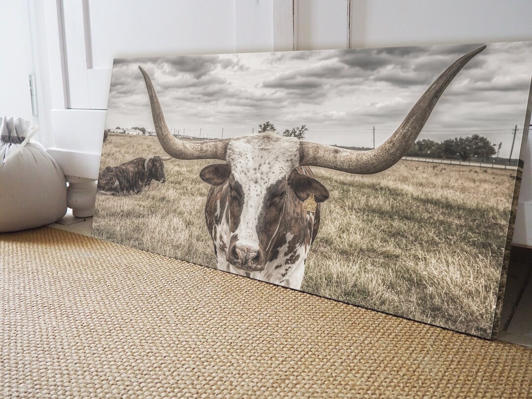 Longhorn Print Canvas Wood Metal Large Bull Canvas Art Cow Wall Art ...