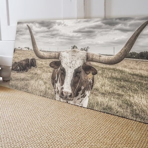 Longhorn Print Canvas Wood Metal Large Bull Canvas Art Cow Wall Art ...