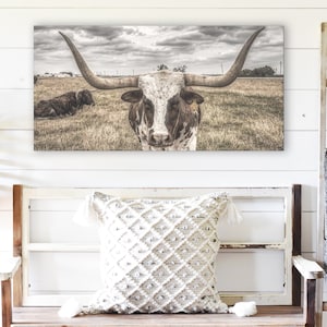 Longhorn Print Canvas Wood Metal Large Bull Canvas Art Cow Wall Art ...