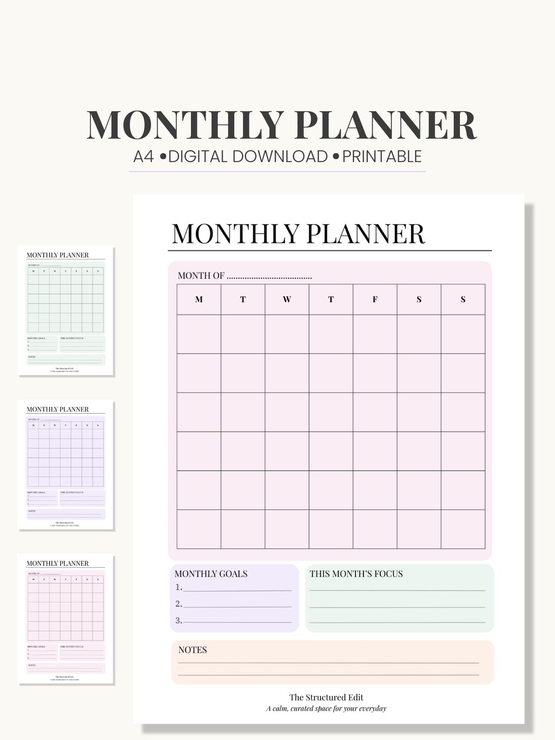 Minimal Monthly Planner Printable | Aesthetic Monthly Agenda PDF | A4 ...