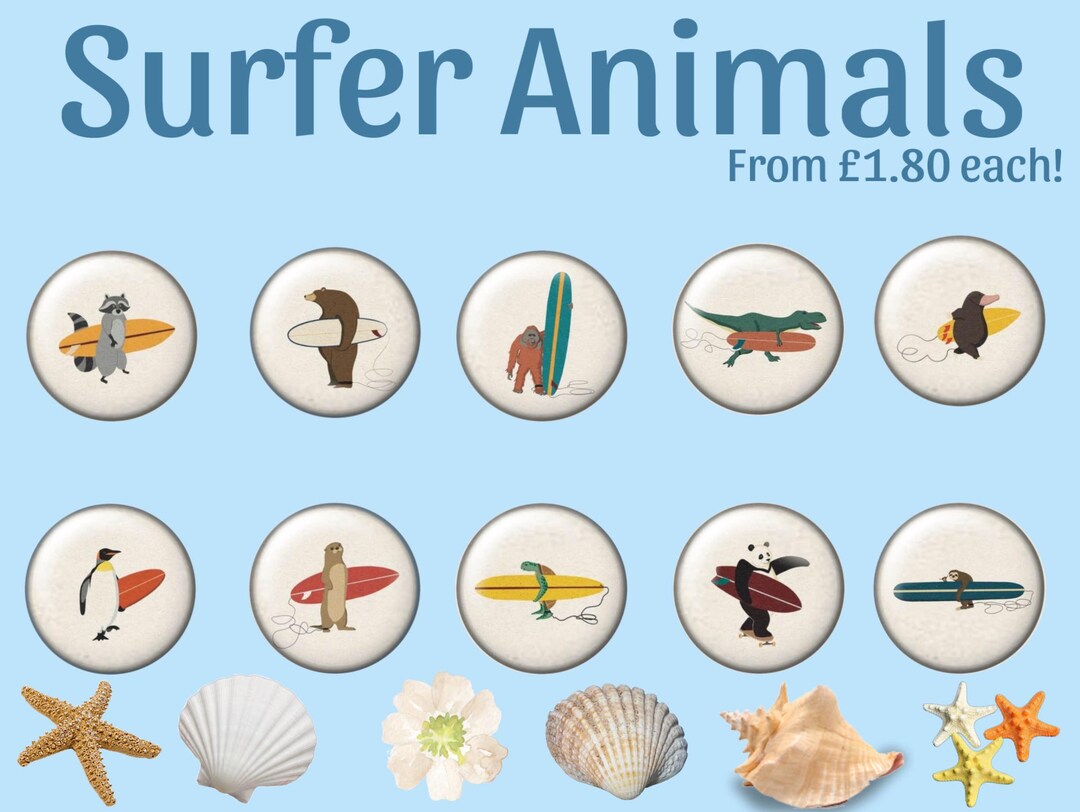 Surfer Animals 25mm Pin Badges Handmade Fast International Delivery - Etsy