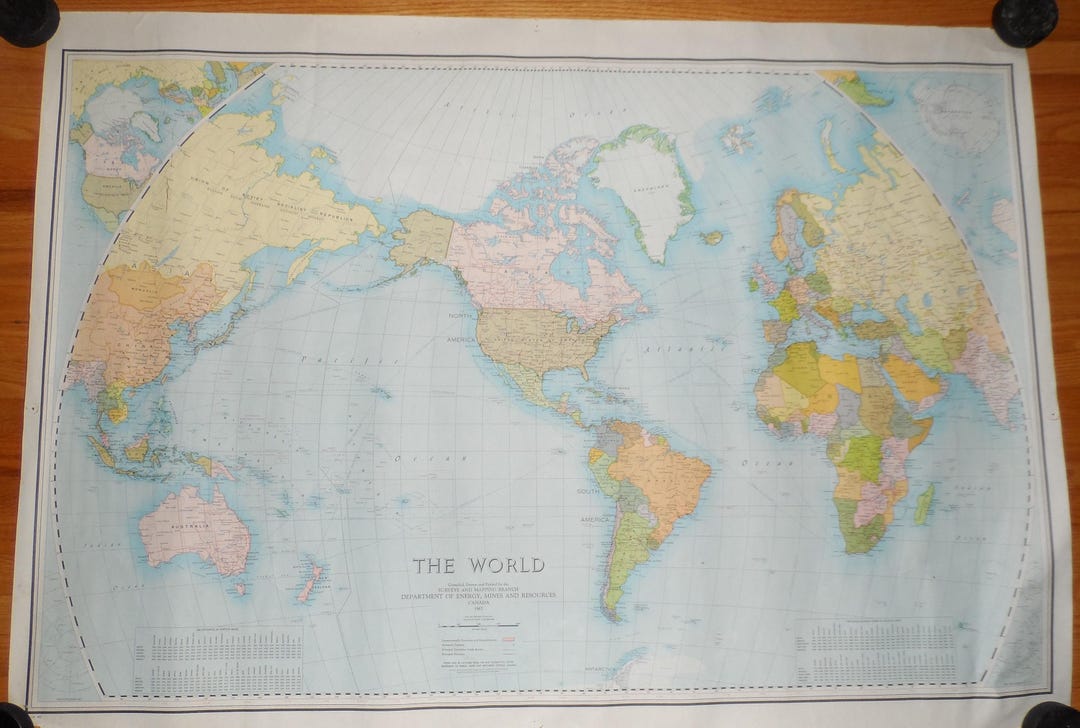 World Map 1967 Department Energy Mines Canada Large 48 * 34 Inches Fair ...