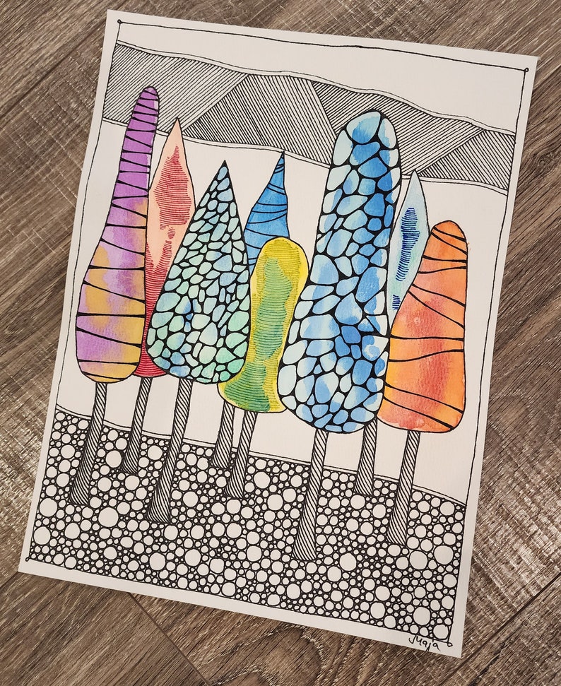 Unique Abstract Mixed Media Painting "whimsical Trees 6" Wall Art Decor ...