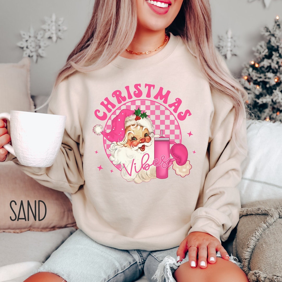 Christmas Vibes Santa Sweatshirt, Pink Christmas Sweatshirt, Trendy ...