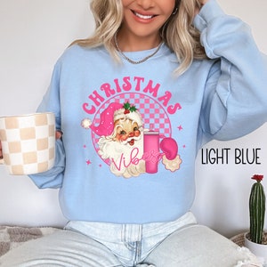 Christmas Vibes Santa Sweatshirt, Pink Christmas Sweatshirt, Trendy ...