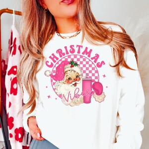 Christmas Vibes Santa Sweatshirt, Pink Christmas Sweatshirt, Trendy ...