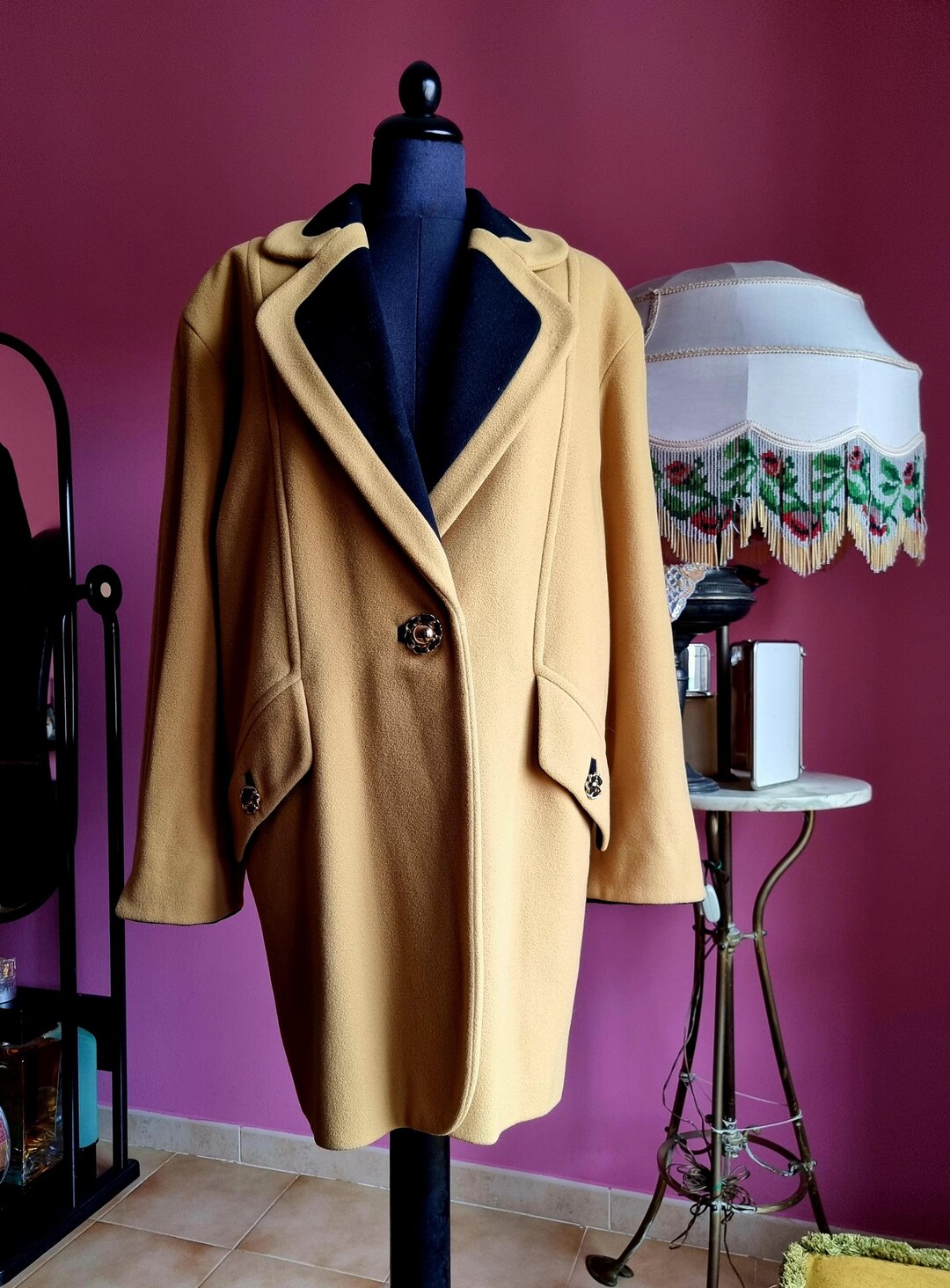 1980s Italian Wool Coat by Linea 2 – Camel and Navy Contrast, Jewel ...