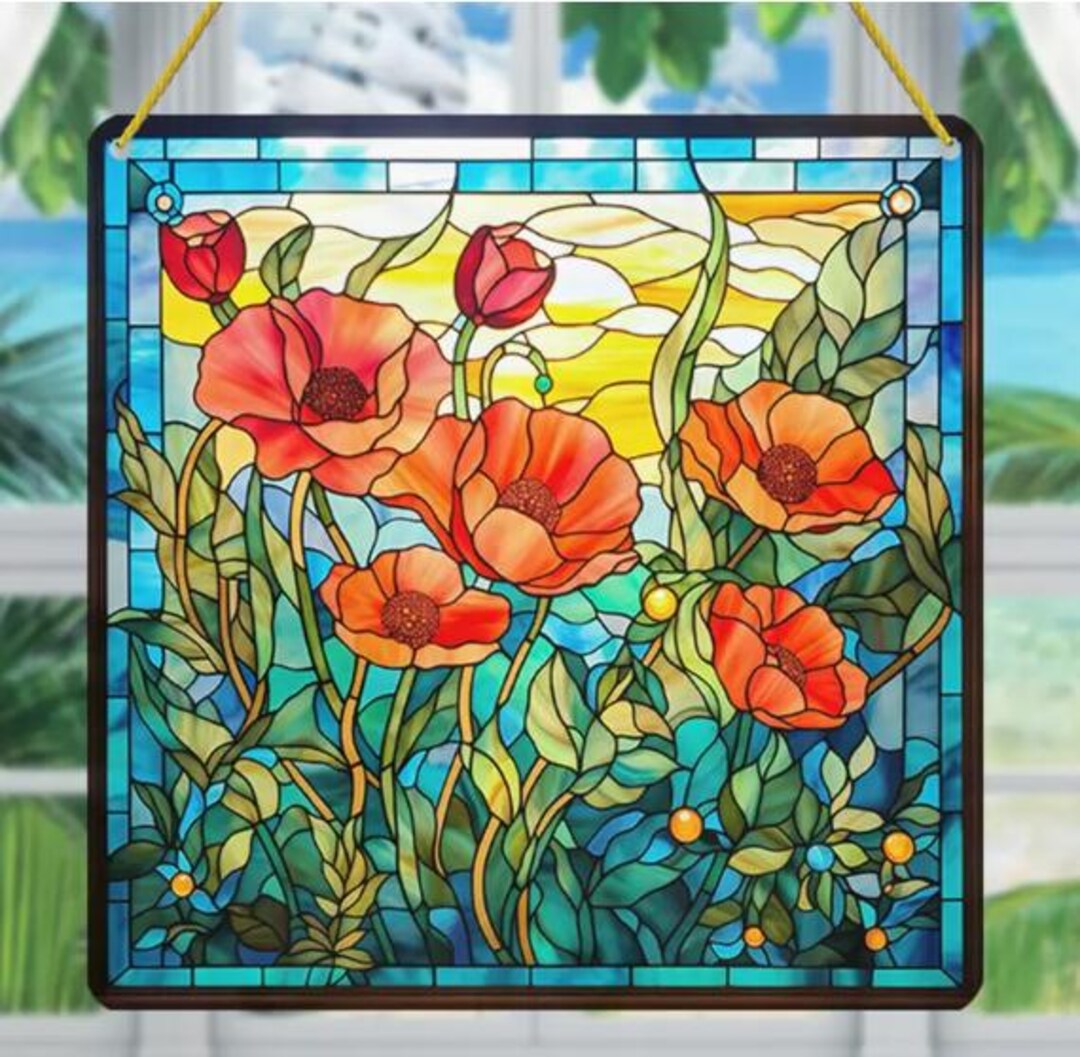 Poppy Sun Catcher Colorful Acrylic Window Hanging, 6x6 Inch Square - Etsy