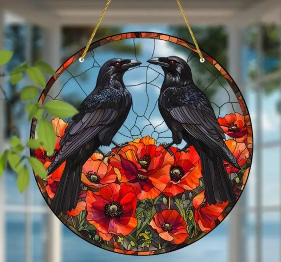 SUNCATCHER- Two Crows and Poppy Flowers Sun Catcher, Decorative Window ...