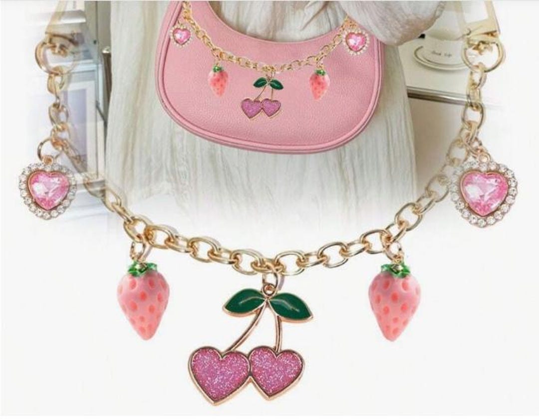 BAG Charm-pink Rhinestone Heart, Cherry, Strawberry Bag Purse Chain ...