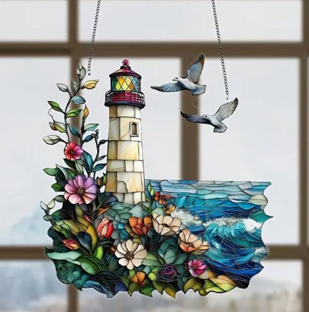 Suncatcher, Pier Lighthouse & Floral Scene Stained Acrylic (8.6" X 9 ...