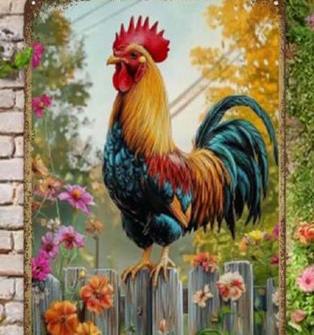METAL Art-rooster on Rustic Fence and Florals, 8x12" Rustic Farmhouse ...