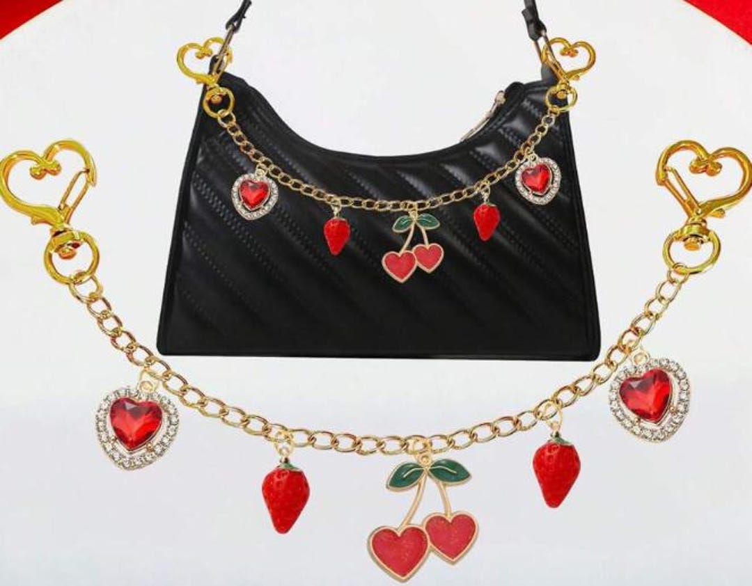 BAG Charm-red Rhinestone Heart, Strawberry, and Cherry Bag Purse Chain ...