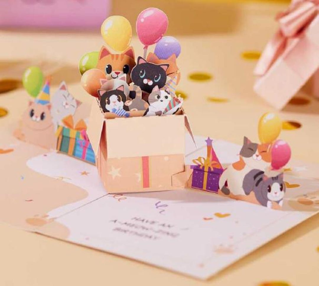Cat Pop-up Birthday Card, Greeting Card, Cat Happy Birthday Card, Cute ...
