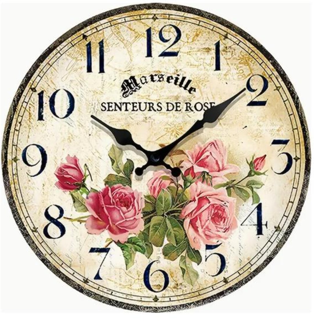 WALL CLOCK- Pink Roses and Green Leaves Design, Antique Style, Battery ...