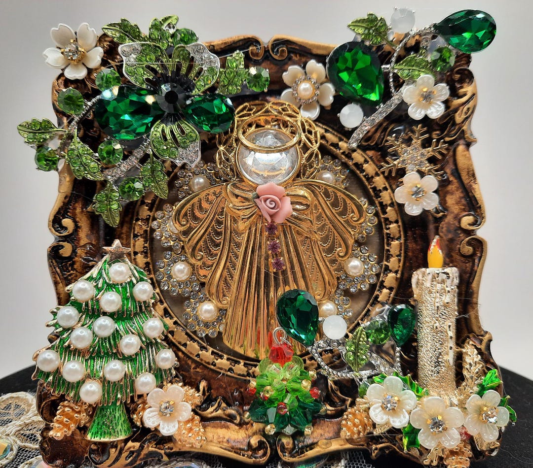 Jewelry Art, in Ornate Gold Frame, Beautiful Christmas Angel With ...