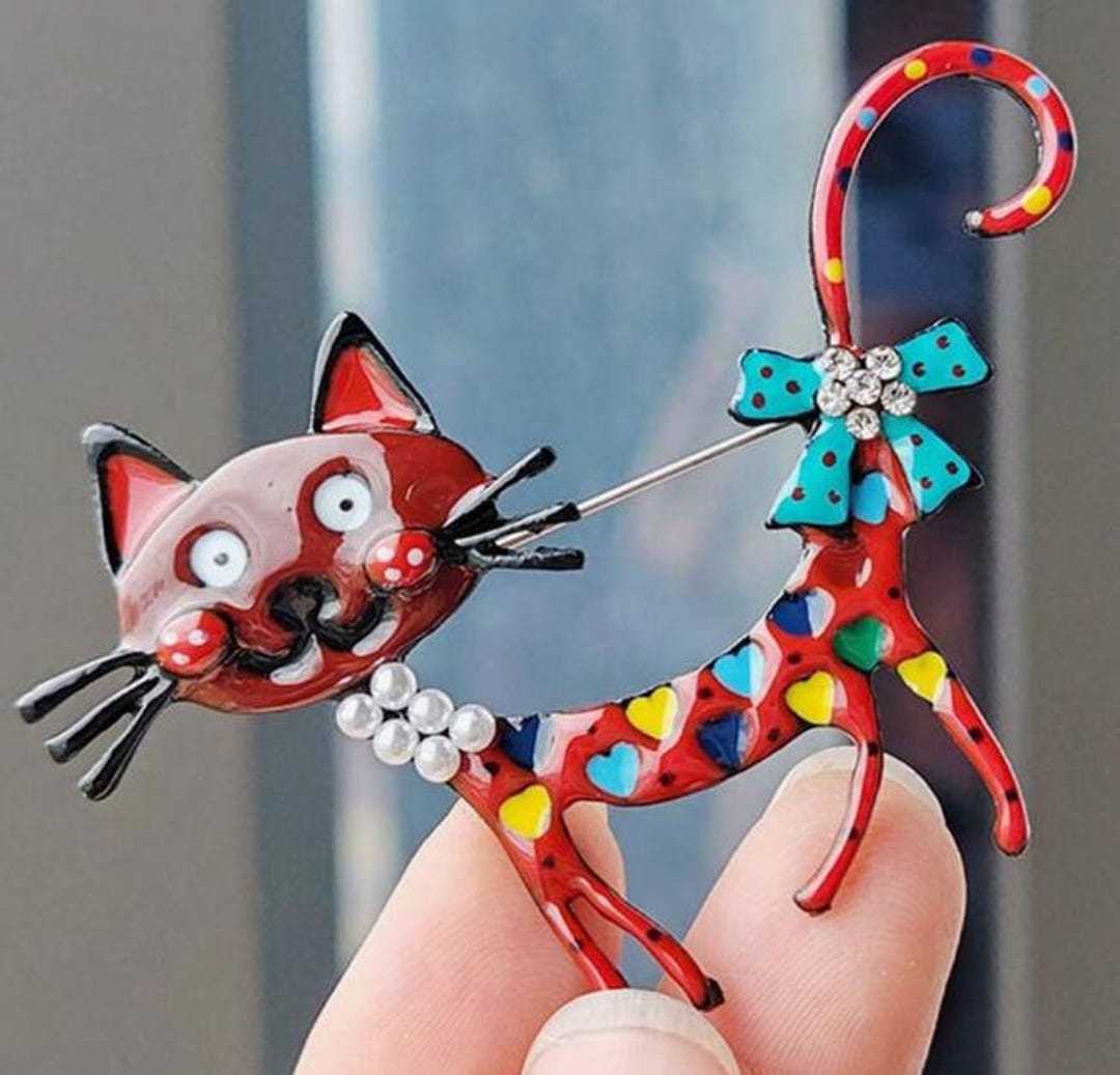 Gs175d-brooch Cute Walking Cat Enamel and Rhinestone Brooch Pin 3 X 2 ...