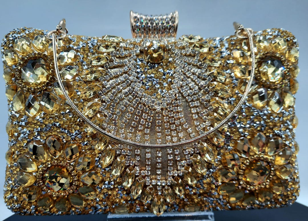 Hb016a-clutch Bag Gold W/gold Jewels Rhinestones Evening Bag Gold ...