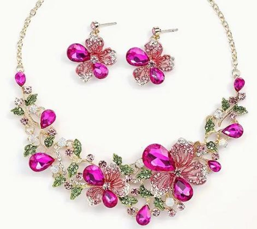 JEWELRY SET- Rose Jewelry Set - Colorful Necklace & Earrings, Zinc ...