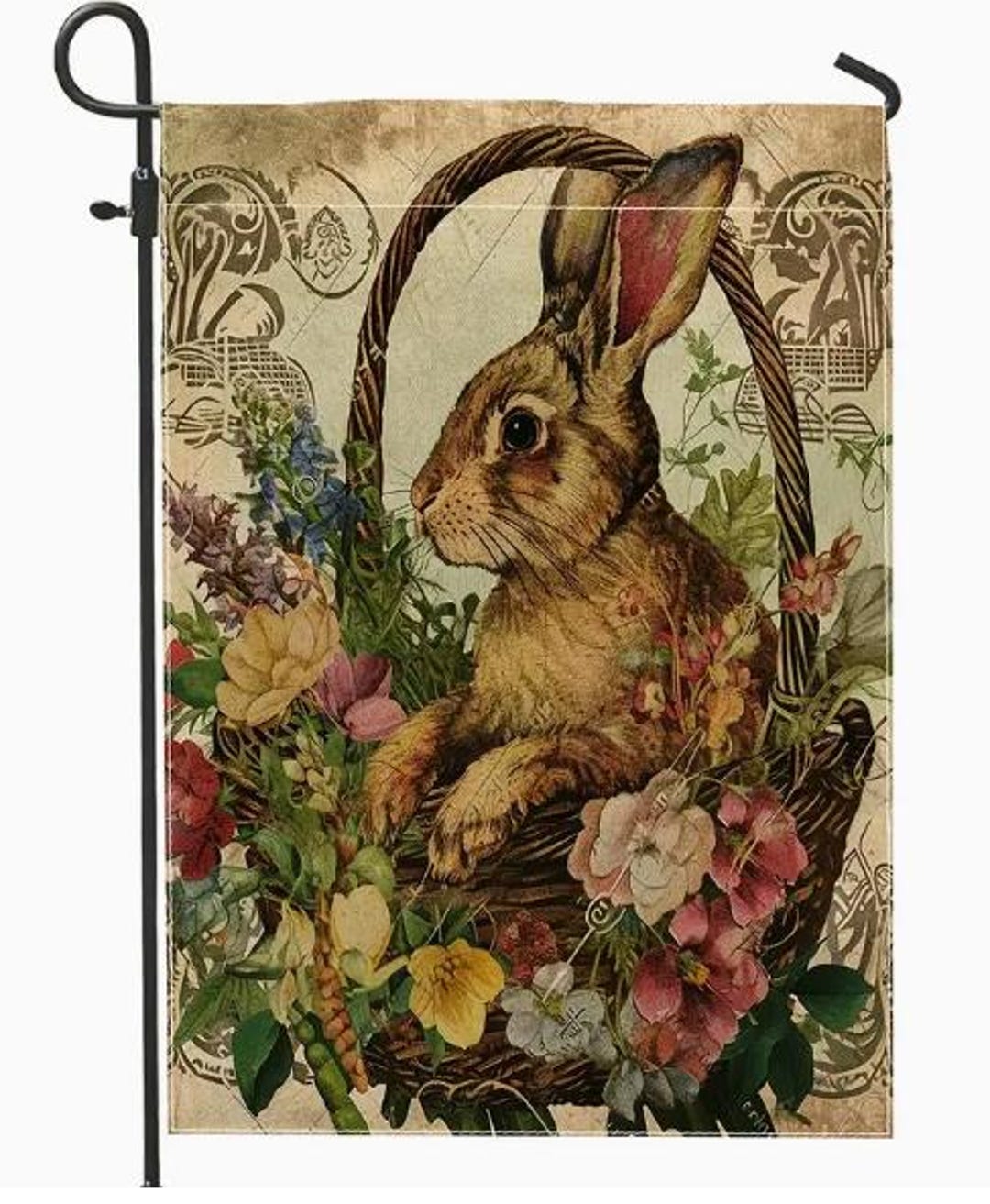 GARDEN Flag-vintage Bunny in Floral Basket Garden Flag, 12x18 Inch ...