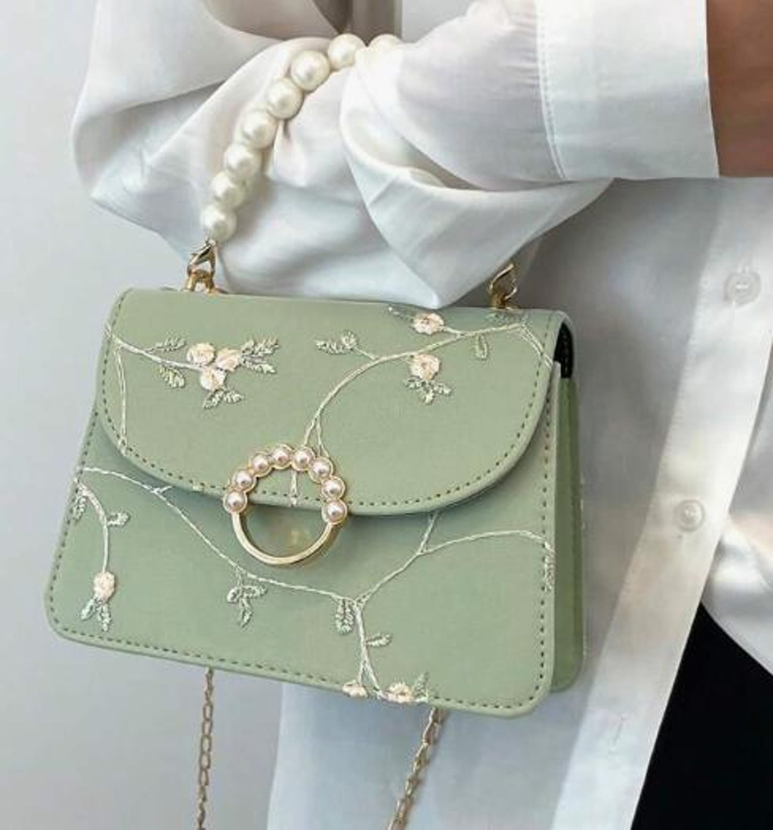 MINI Bag-mini Square Bag Flower Embroidery Faux Pearl Decor Fashionable ...